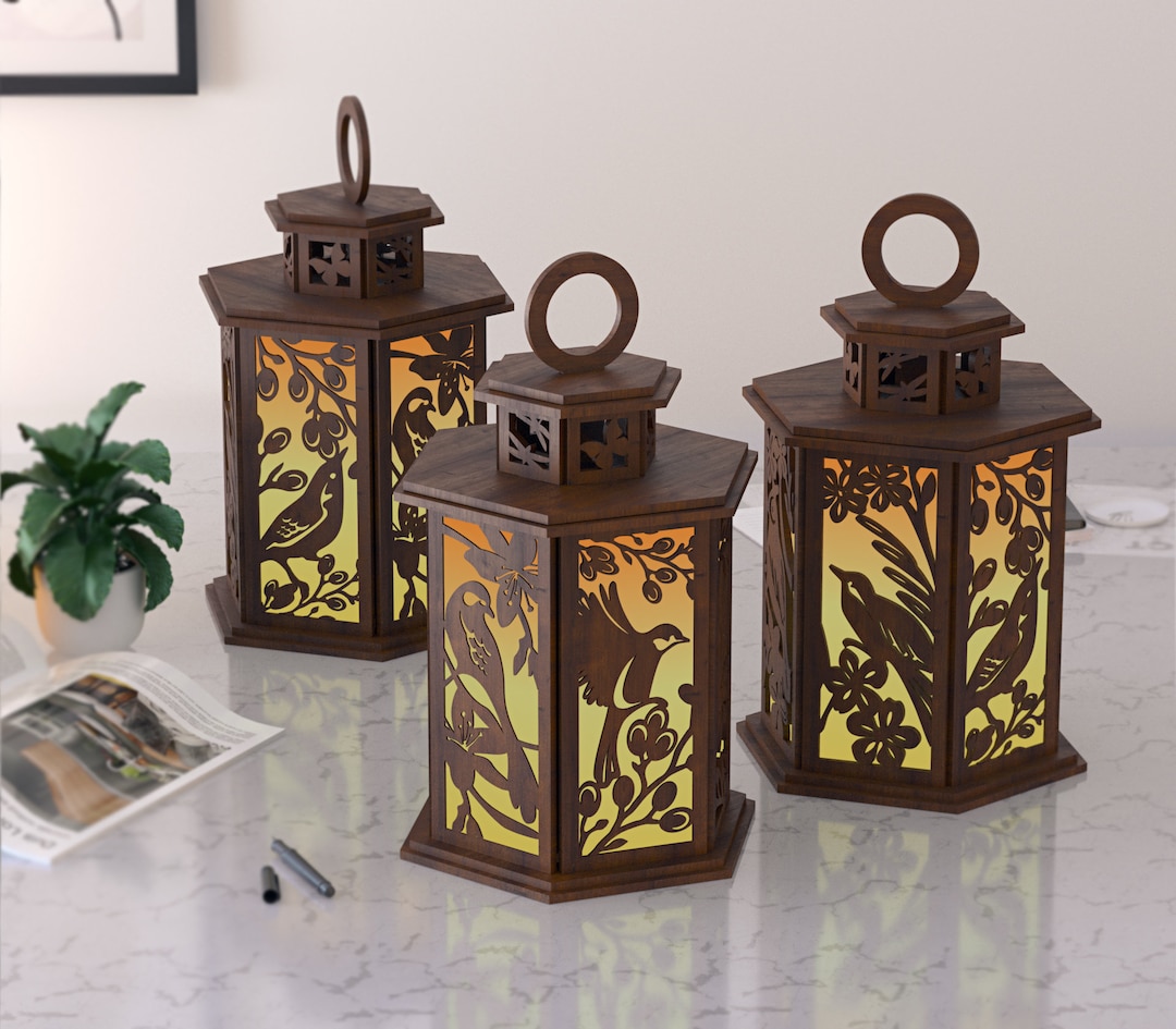 Laser Cut Birds on Tree Table Lamp Lantern Svg Template Glowforge ...