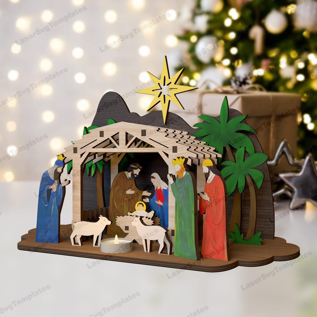 Nativity Scene Candle Holder Laser Cut Svg File Glowforge Nativity ...
