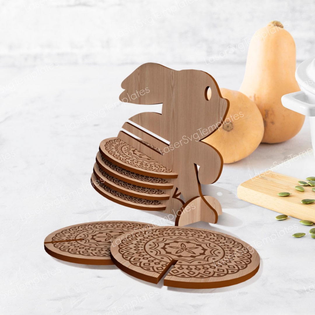 Laser Cut Bunny Coasters With Holder Svg File Glowforge Coasters Set of ...