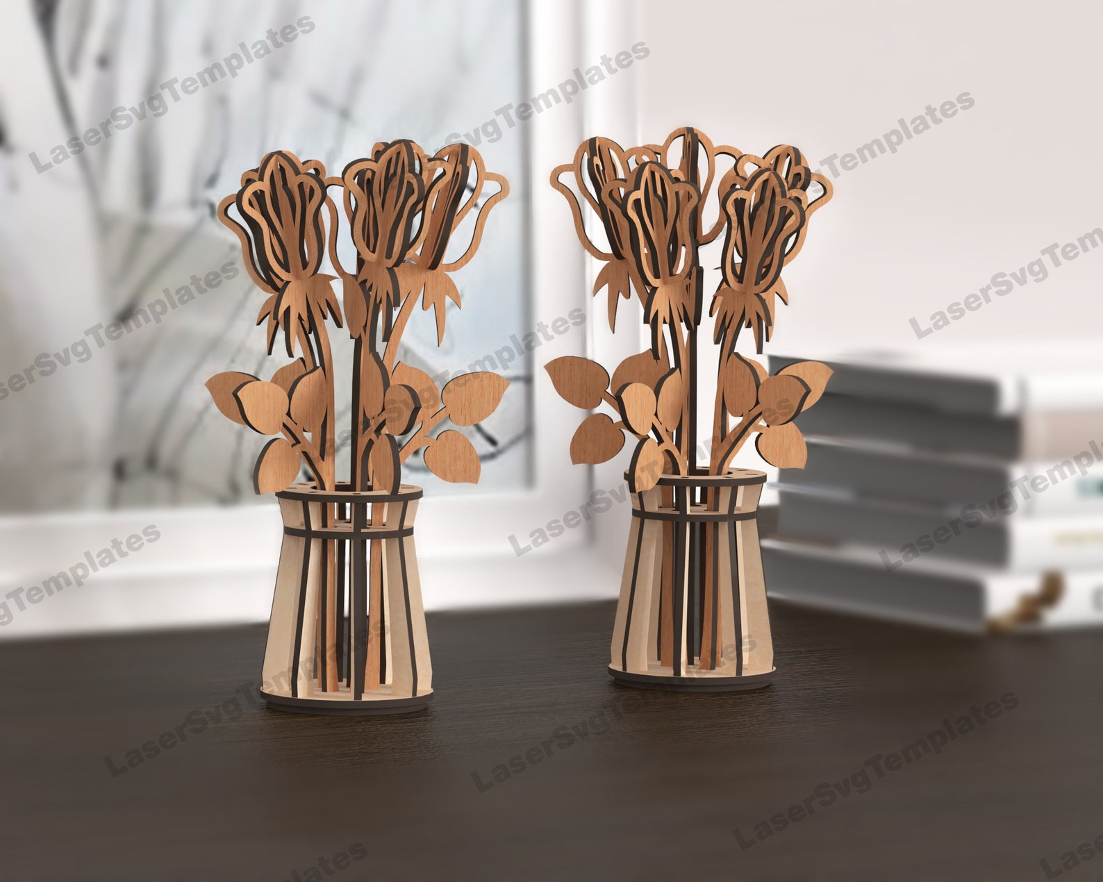 Laser Cut Rose Flowers Vase Table Decor Svg Template Glowforge Wooden ...