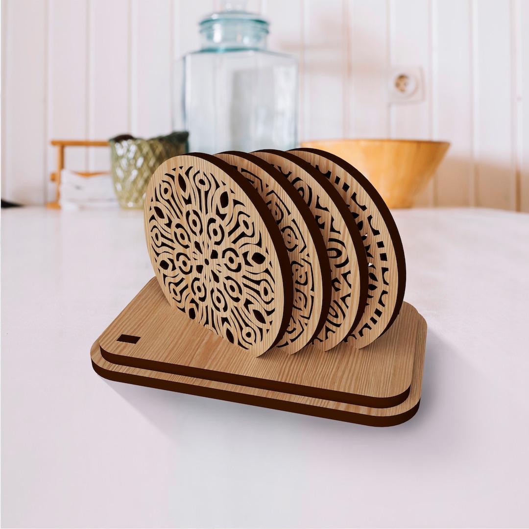 Mandala Coasters Set With Holder Laser Cut Svg File Glowforge Coasters ...