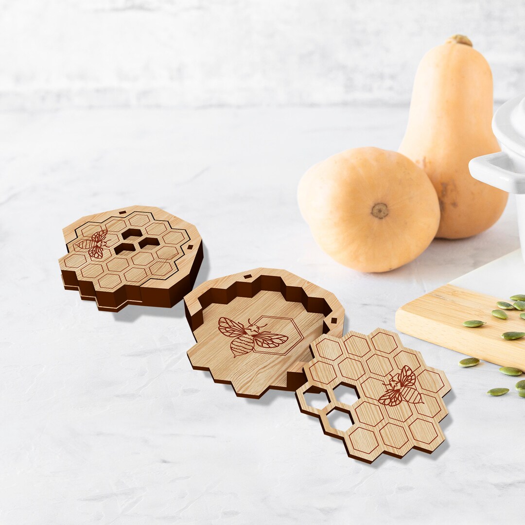 Honeycomb Coasters Set With Holder Laser Cut Svg File Glowforge ...