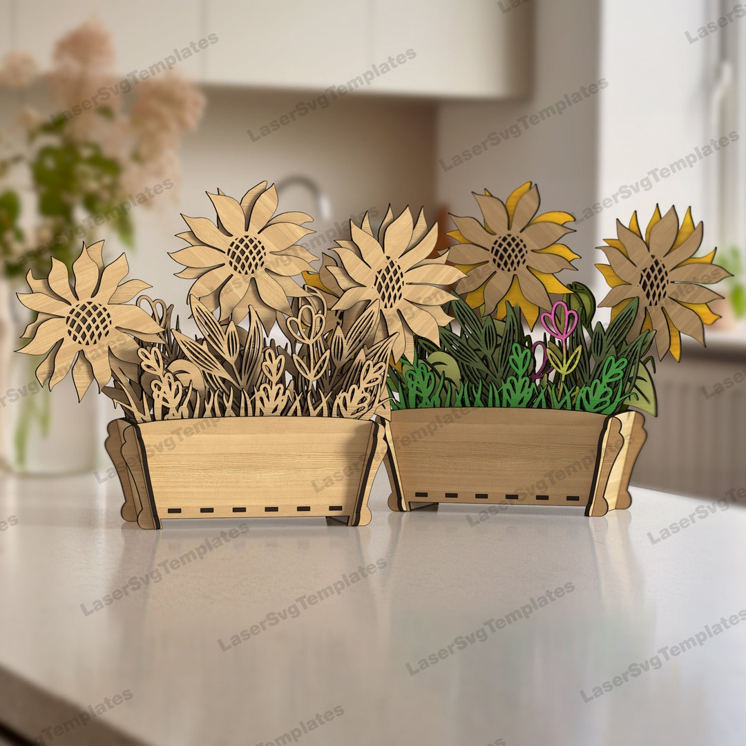 Laser Cut Sunflower Pot Table Decor Svg Template Glowforge 3D ...