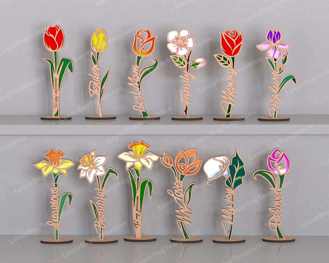 Wooden Name Stand Flowers 12 Bundle Laser Cut Svg File Glowforge ...