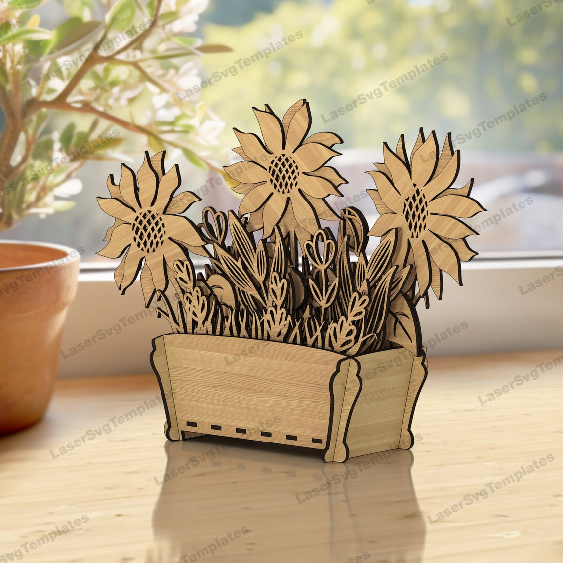 Laser Cut Sunflower Pot Table Decor Svg Template Glowforge 3D ...