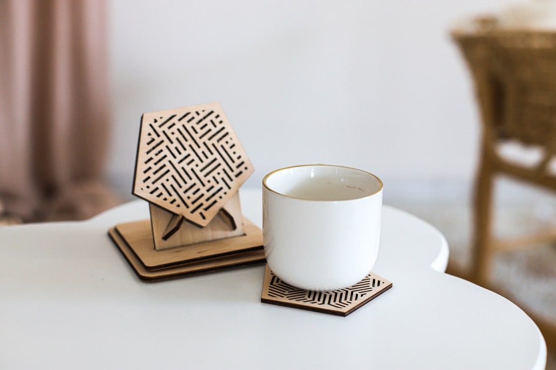 Laser Cut Coasters Set With Holder Svg Template Glowforge Coasters Set ...