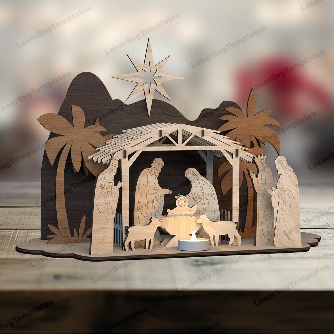 Nativity Scene Candle Holder Laser Cut Svg File Glowforge Nativity ...