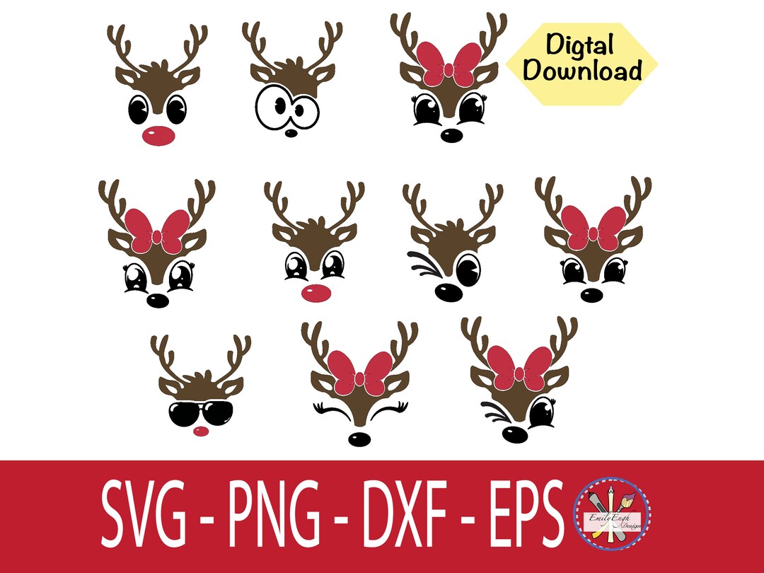 Reindeer Face SVG Bundle, 10 Designs, Christmas Cute Winking Sunglasses ...