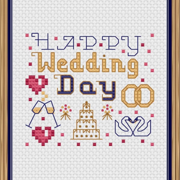 Happy Wedding Day Card Digital PDF Cross Stitch Pattern in Blue and ...