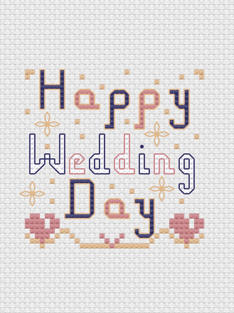 Happy Wedding Day Card - Digital PDF Cross Stitch Pattern in Blue and ...
