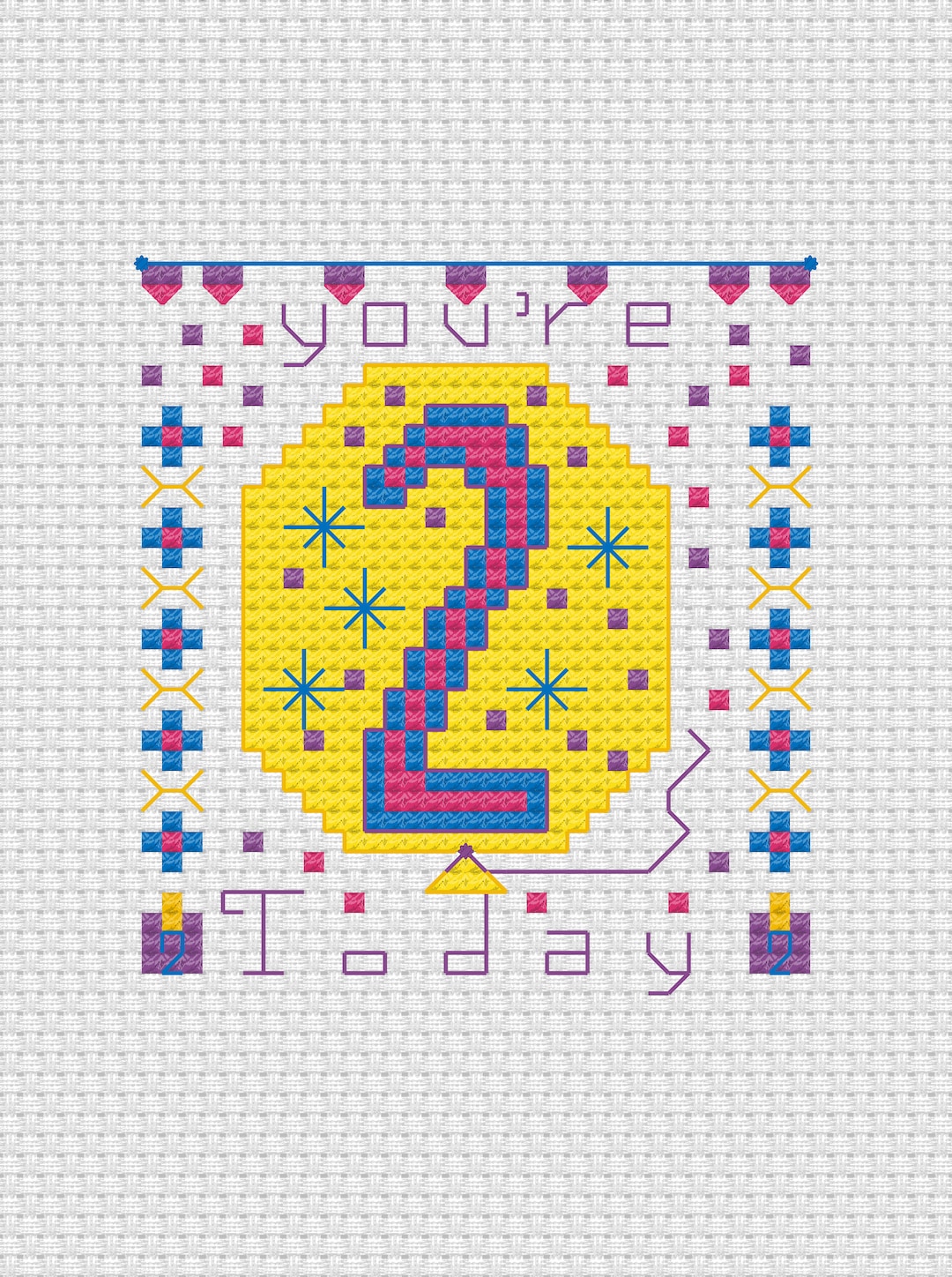 Two Today Birthday Cross Stitch Pattern - Yellow Balloon (digital PDF ...