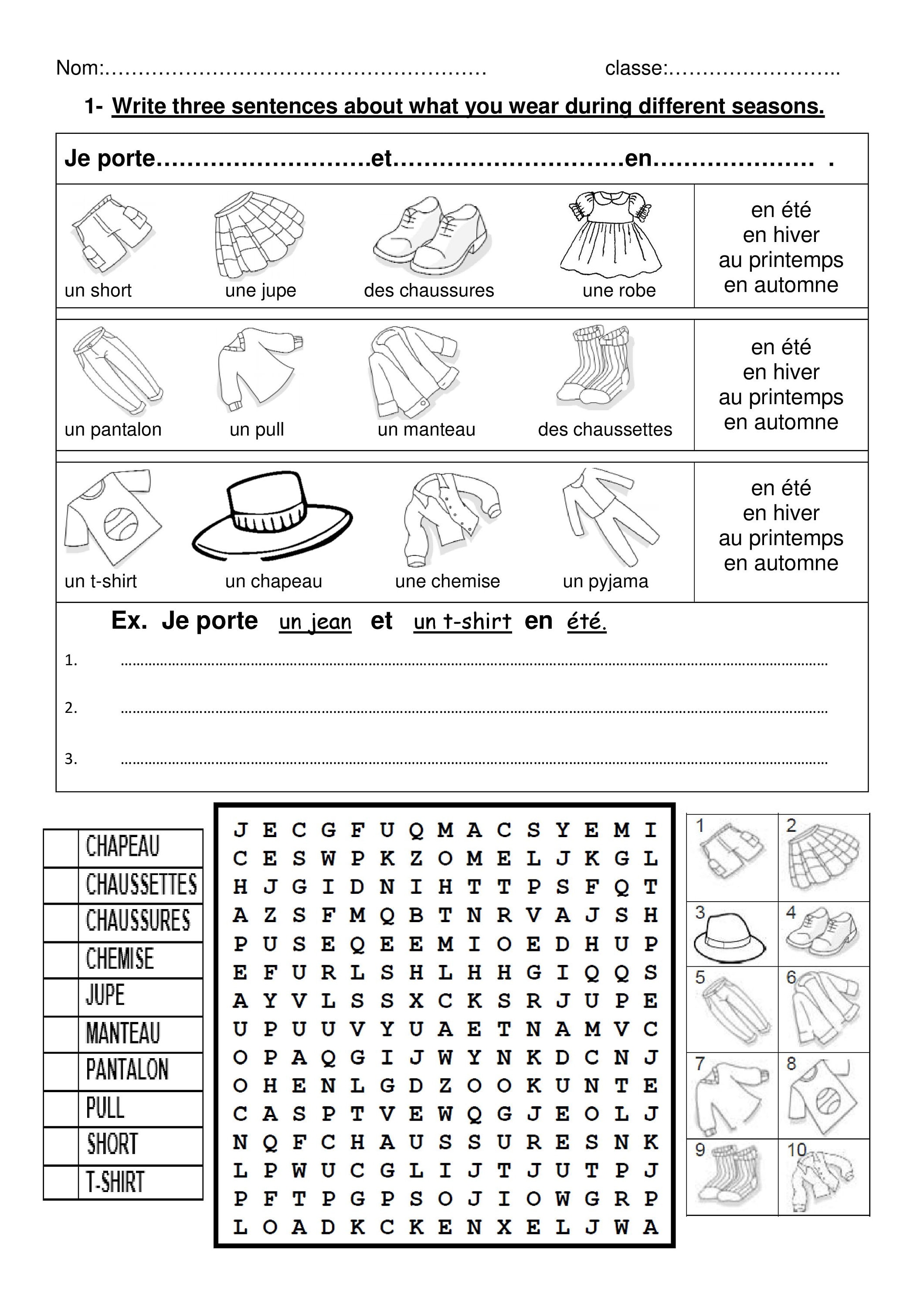 French Worksheet Les Vetements et Les Saisons | Etsy