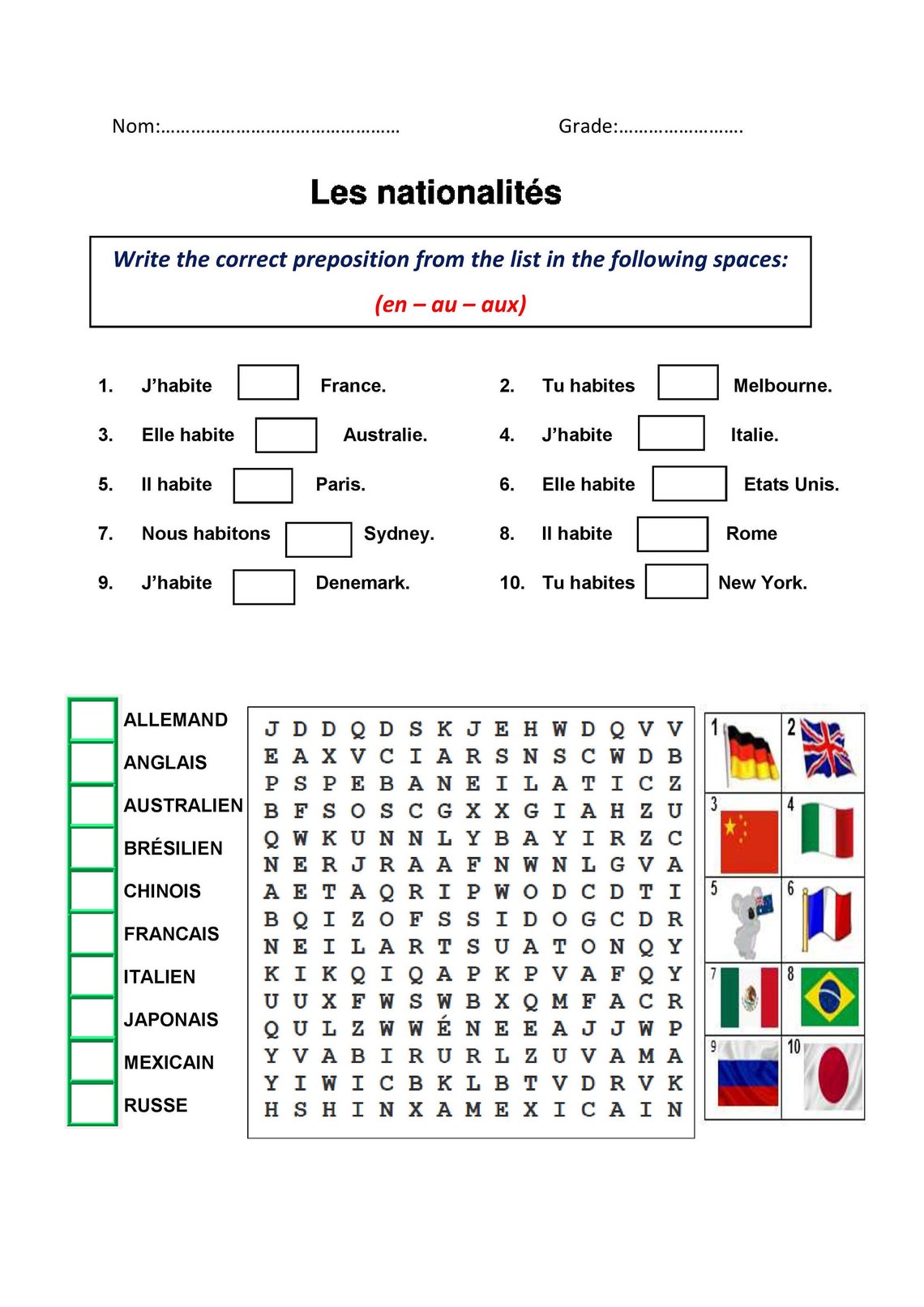 French Worksheet Les Nationalites Nationalities | Etsy