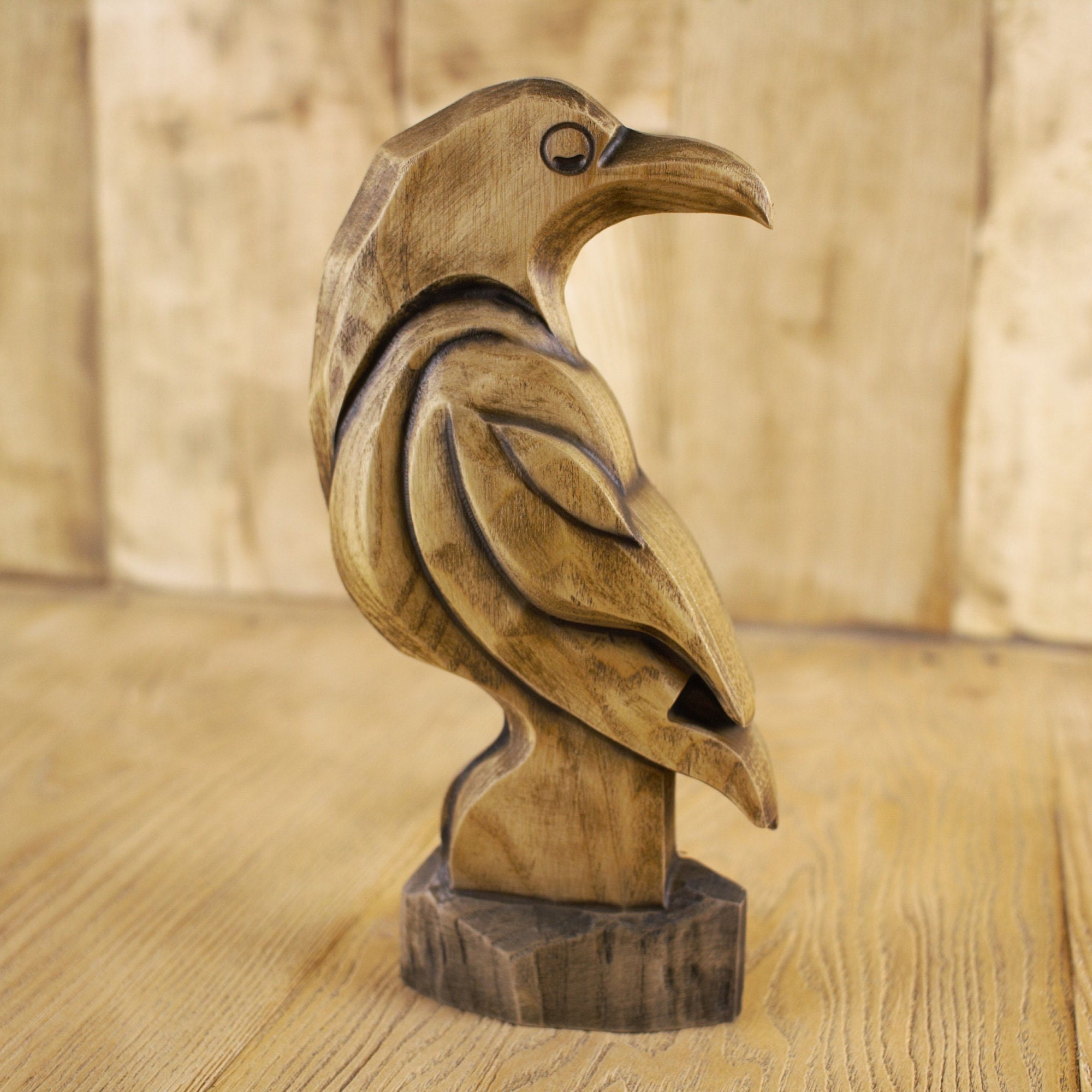 Wooden Crow Sculpture, Carved Crow, Crow Lover Gift, Artistic Bird ...