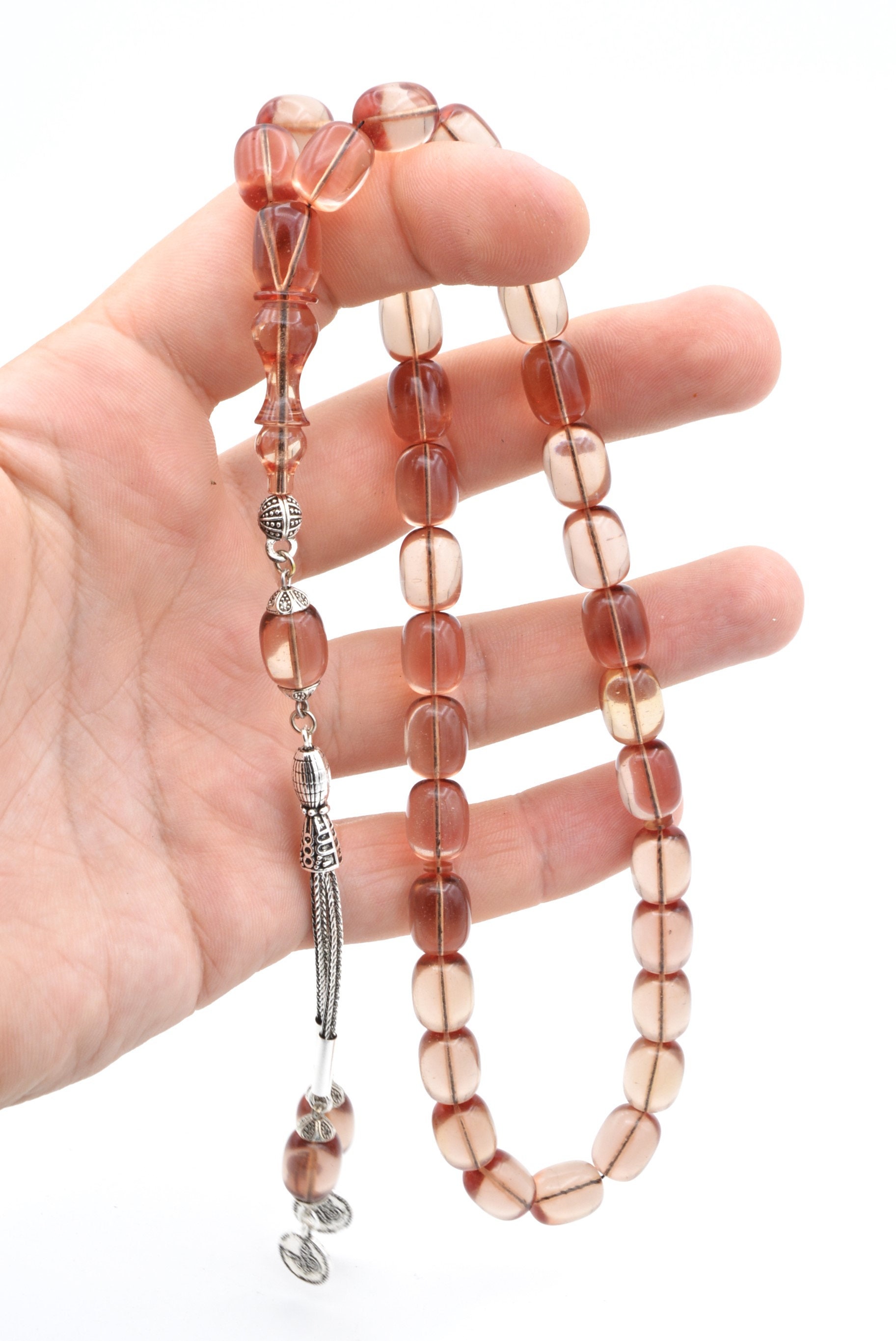 Capsule Cut Transparent Fire Amber Tasbih 33 Beads, Islamic, Misbaha ...
