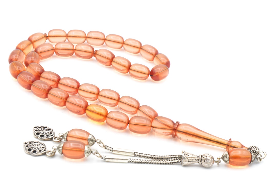Capsule Cut Transparent Fire Amber Tasbih 33 Beads, Islamic, Misbaha ...