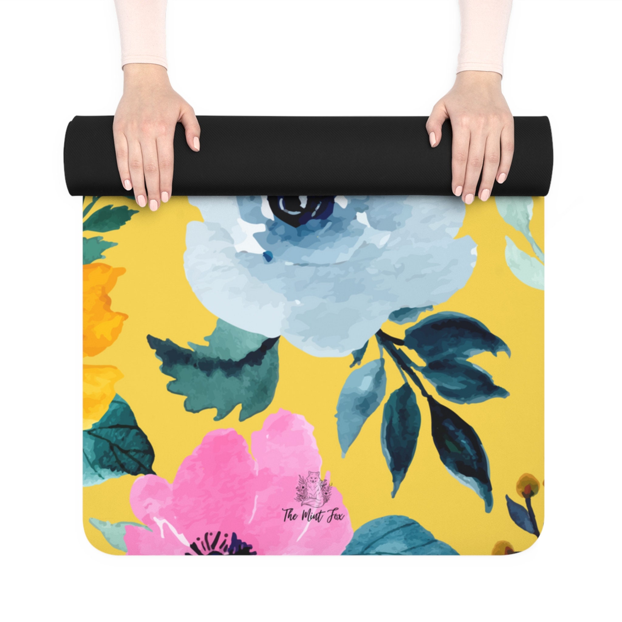 Blue and Pink Watercolor Flowers on Yellow Yoga Mat, Cottagecore ...