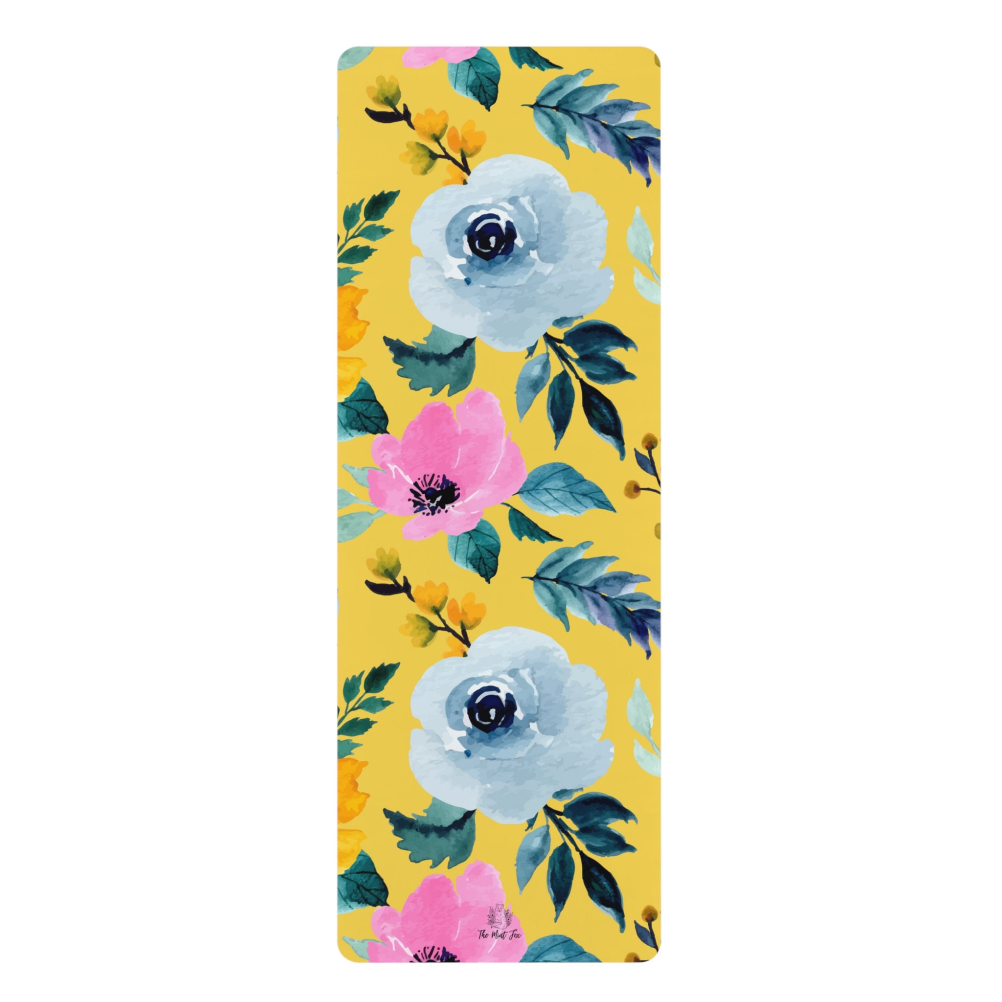 Blue and Pink Watercolor Flowers on Yellow Yoga Mat, Cottagecore ...