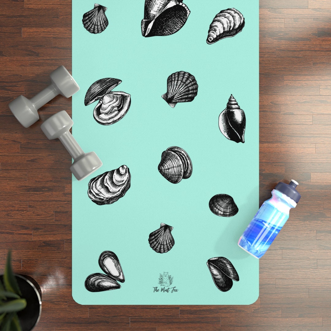 Aqua Seashells Yoga Mat, Hand Sketched Seashells, Beach Yoga Mat ...