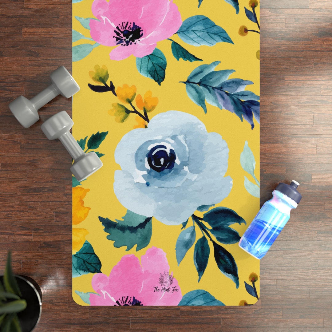 Blue and Pink Watercolor Flowers on Yellow Yoga Mat, Cottagecore ...