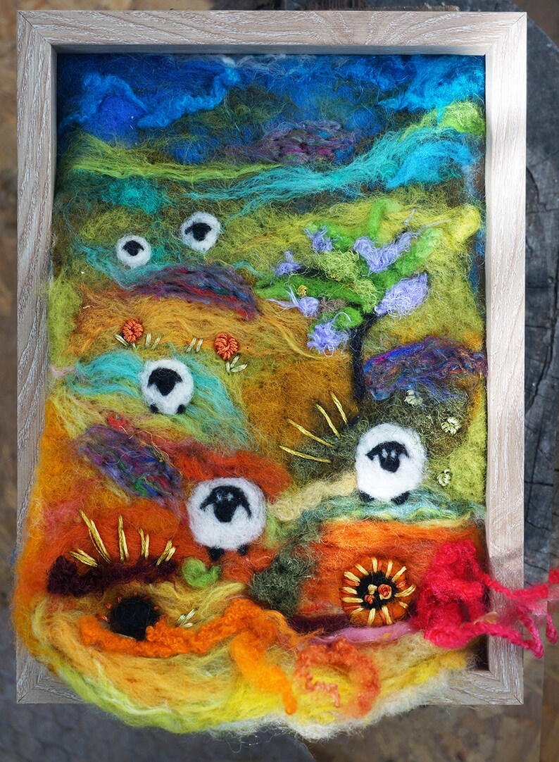 Needle Felted Wool Painting: Sunflower Landscape, Sheep Art (16cm*22cm ...