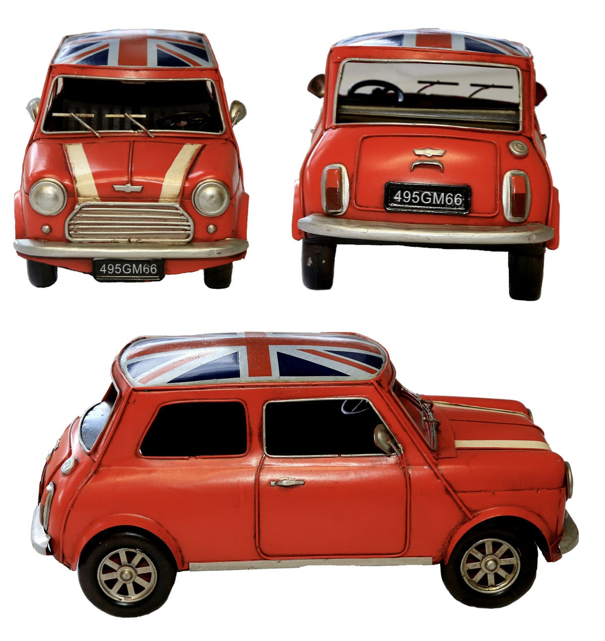 Hand Painted Tin Plate Model of a 1960 Mini Cooper Red With Union Jack ...