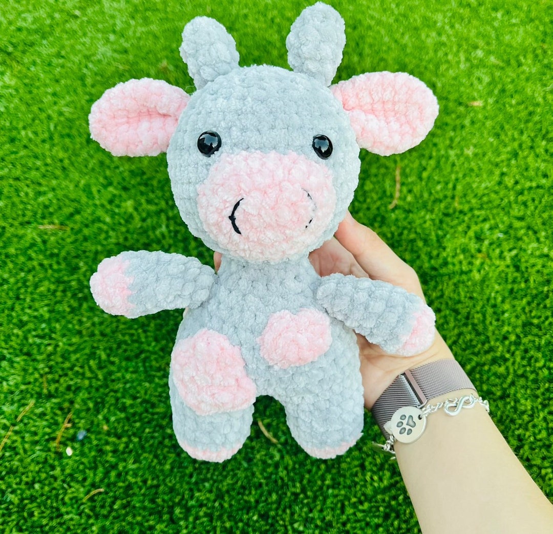 Crochet Cow Plush Fuzzy Baby Cow Plush Plushie Handmade Pink Cow Gray ...
