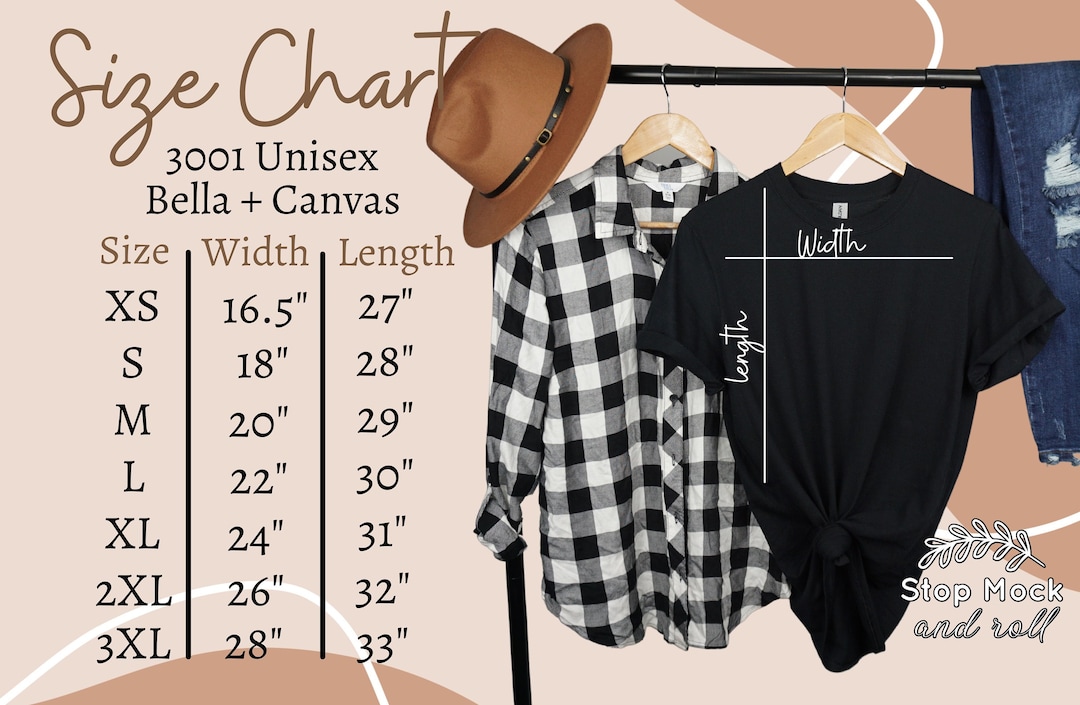 3001 Size Chart, XS - 3XL Size Chart, Bella Canvas 3001 Size Chart ...