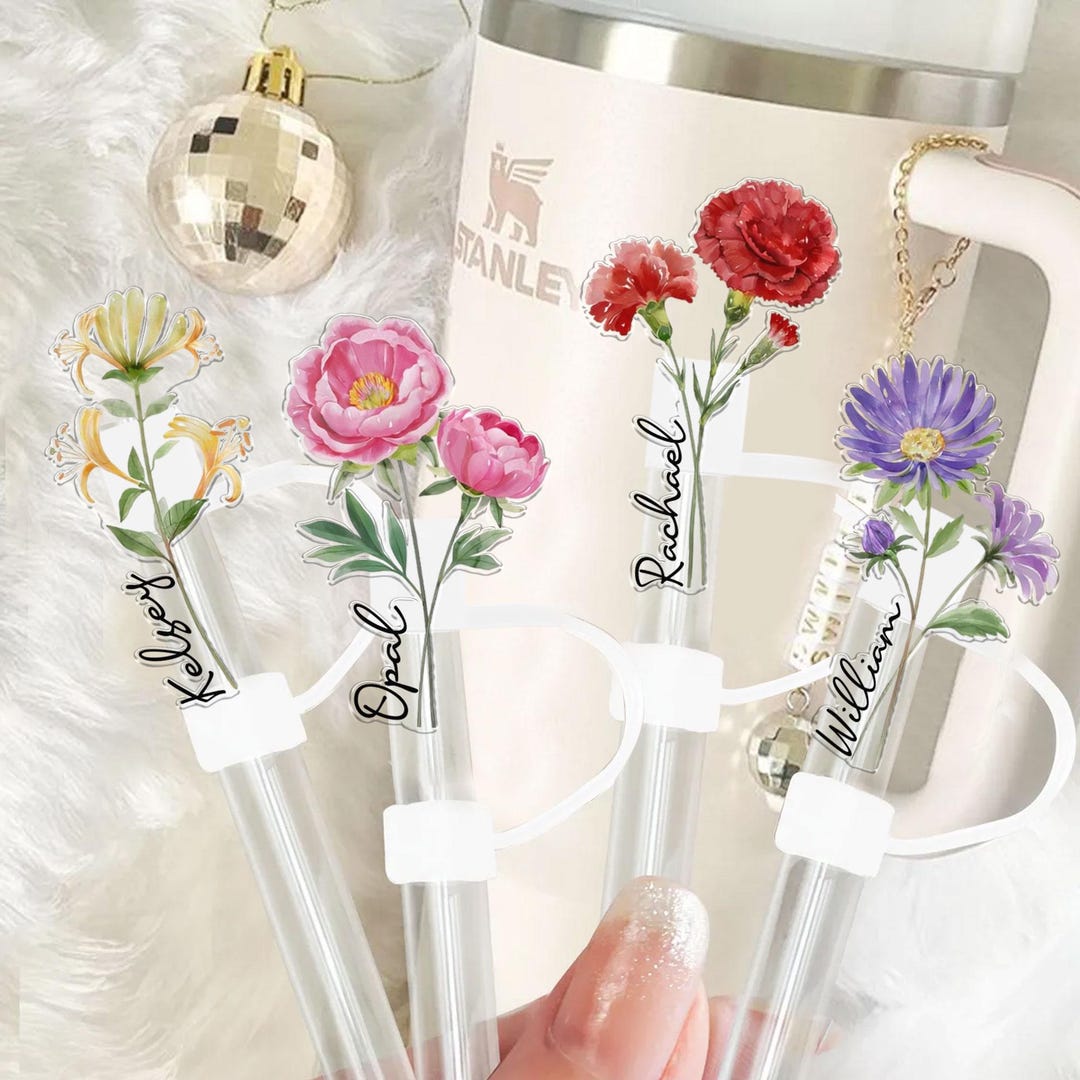 Personalized Gift for Her, Custom Birth Flower Straw Topper, Stanley ...