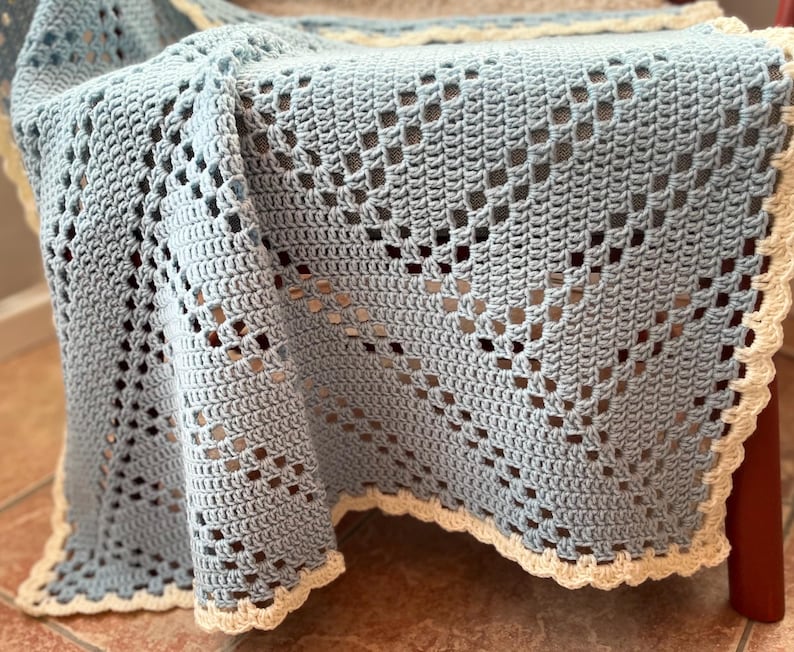 Easy Crochet Blanket Pattern Modern Filet Afghan: Double Trouble Again ...