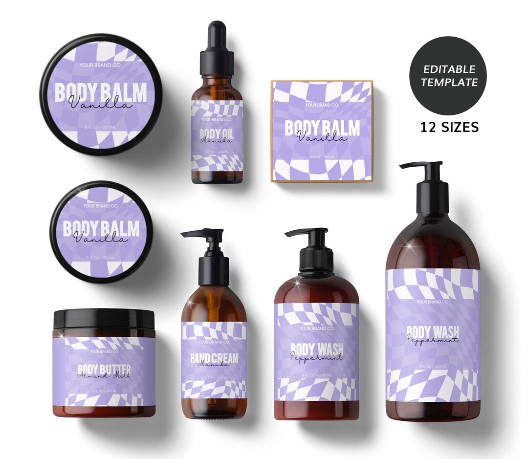Editable Cosmetic Label Template, Wavy Checkered Pattern, Retro Custom ...