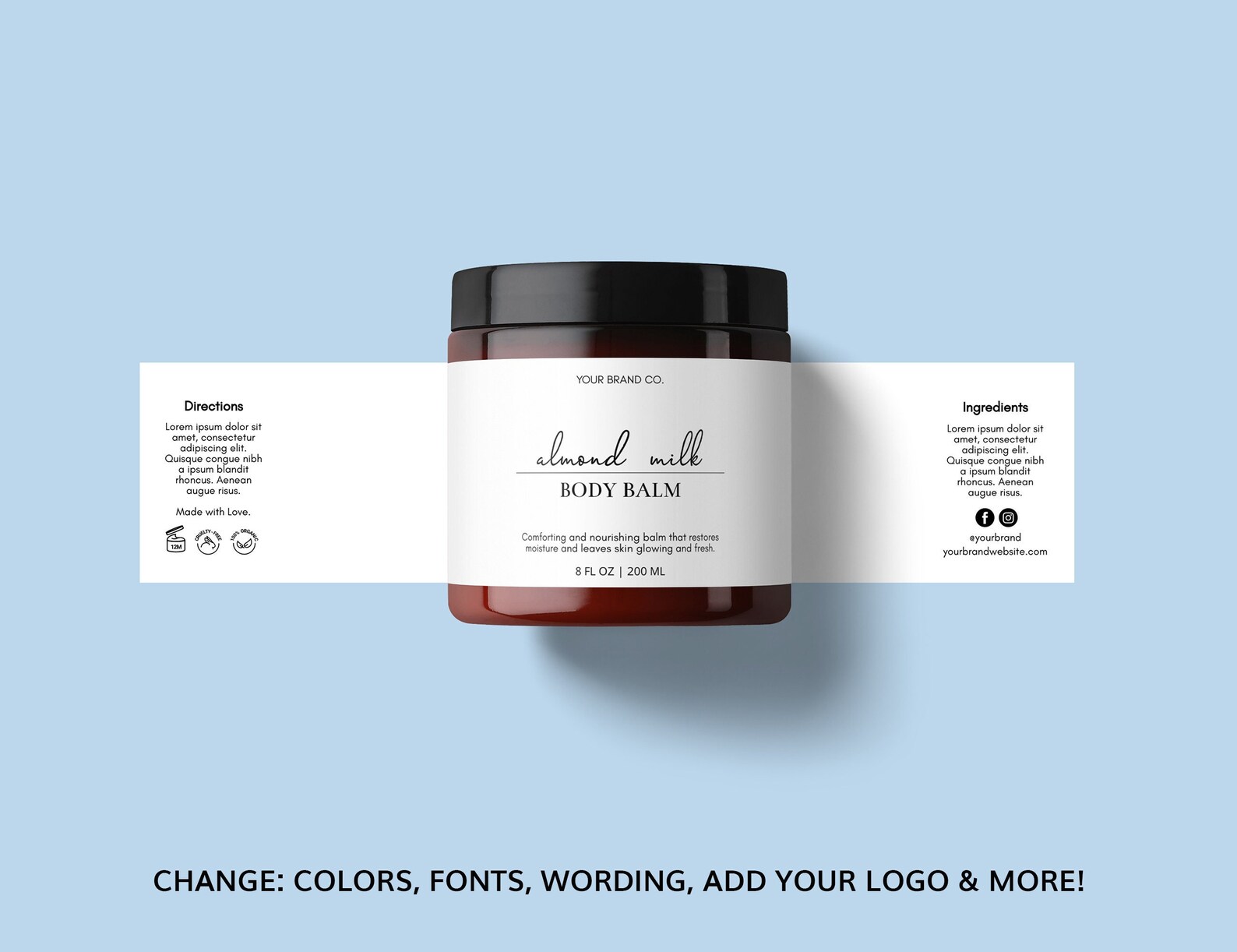 Editable Cosmetic Jar Label, Body Product Jar Label, DIY Wrap Around ...