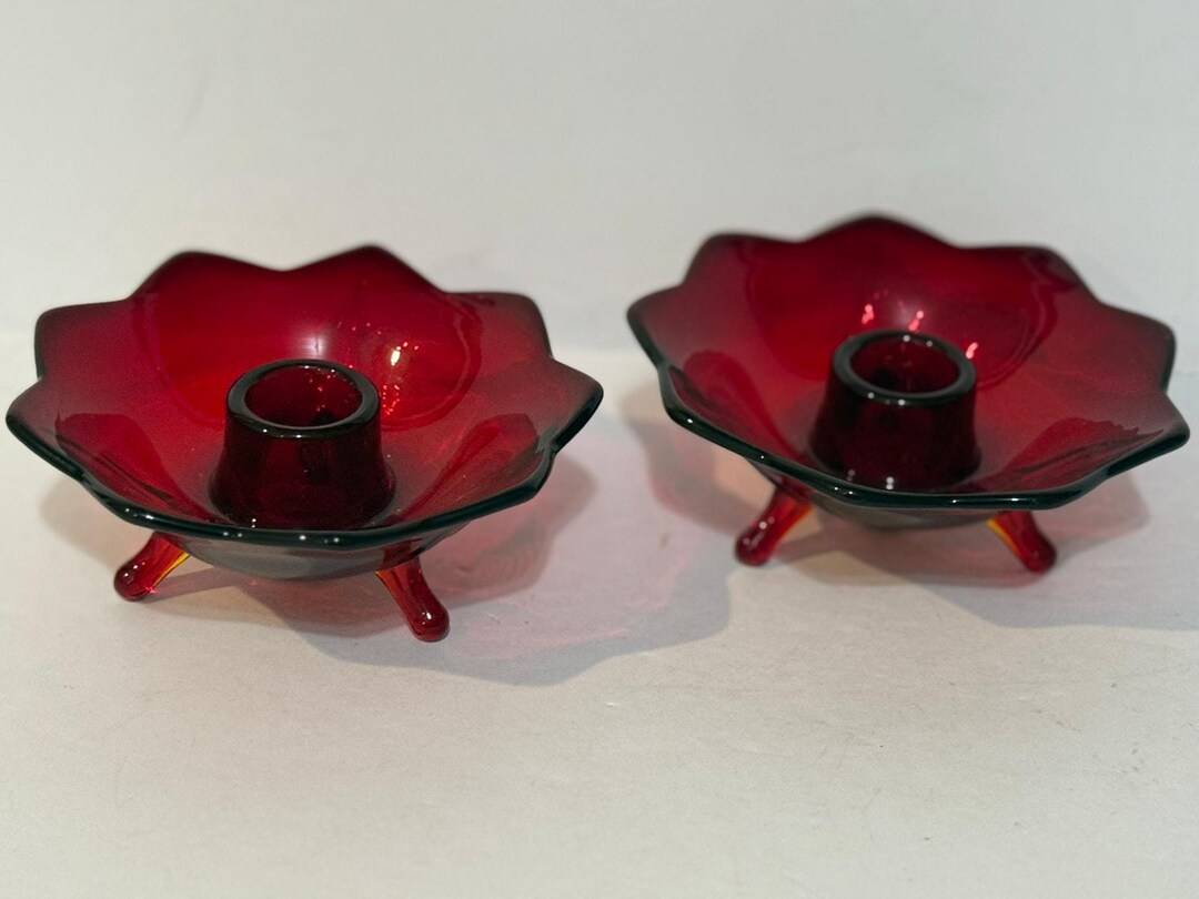 Viking Red Glass Pedastal Taper Candleholders Set of 2 - Etsy