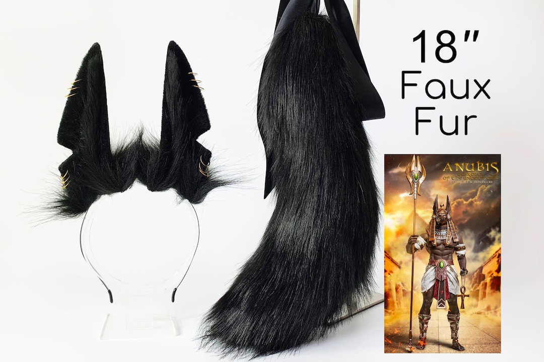 Realistic Anubis Wolf Ear and Tail Set Black Faux Fur Ear Costume Wolf ...