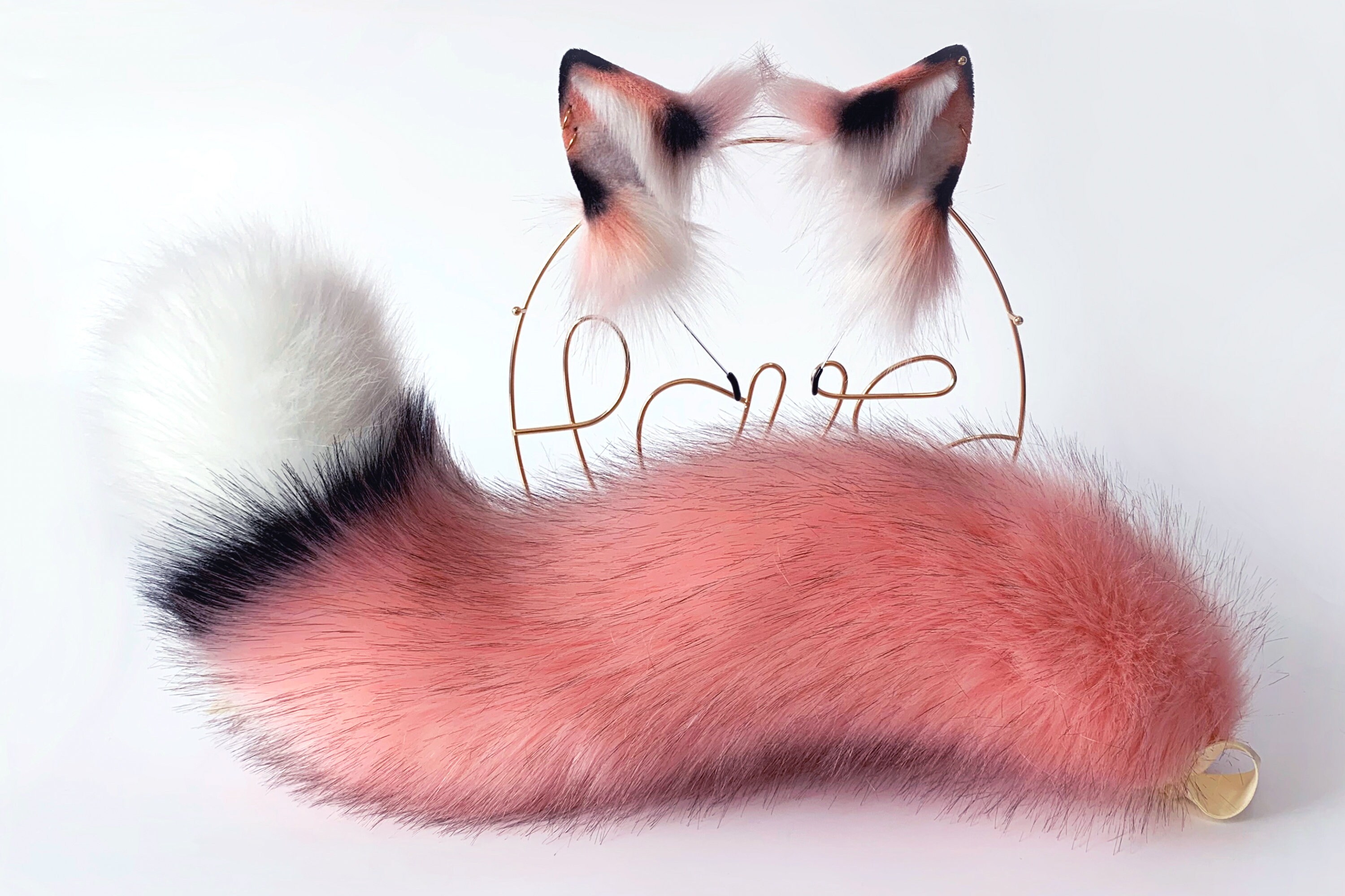 22 in Fox Tail Pink White Fox Ear Set Costume Wolf Tail Wolf | Etsy