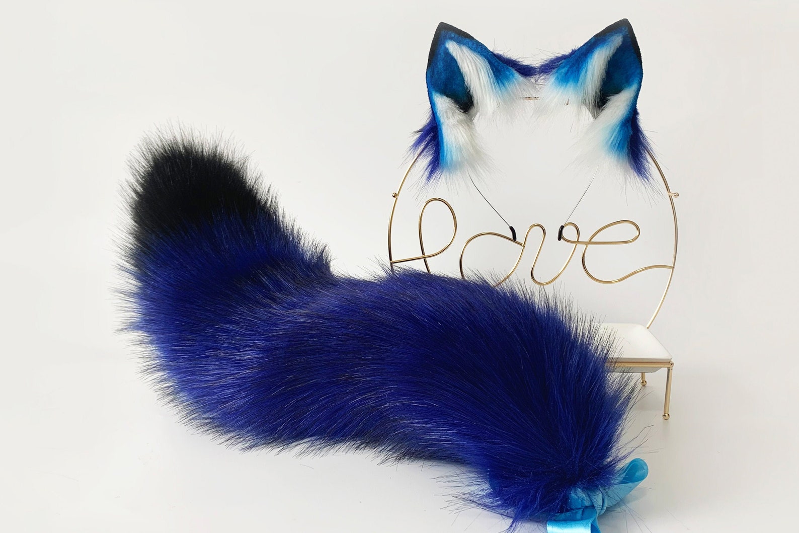 24 in Blue Black Ribbon Fox Tail Fox Ear Set Wolf Tail Wolf | Etsy