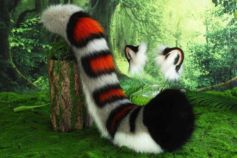 Realistic Faux Fur Snow Leopard Ear and Tail Set Role Play Gray Brown ...