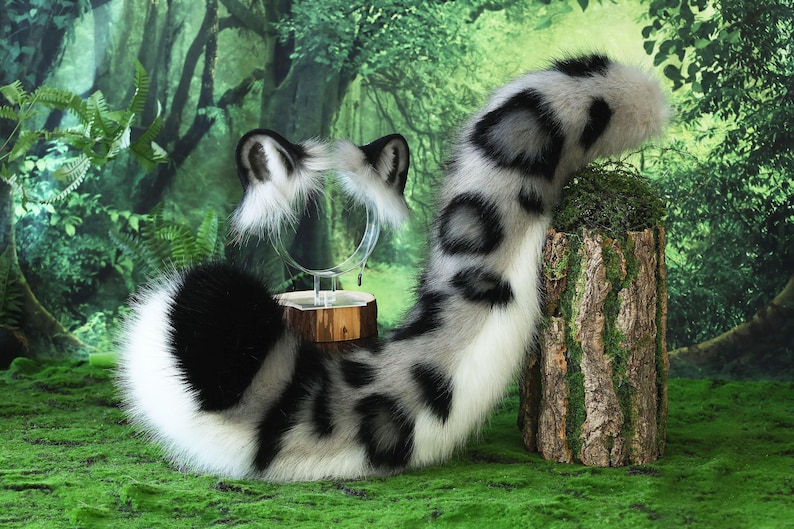 Realistic Gray Black Faux Fur Snow Leopard Ear and Tail Set Role Play ...