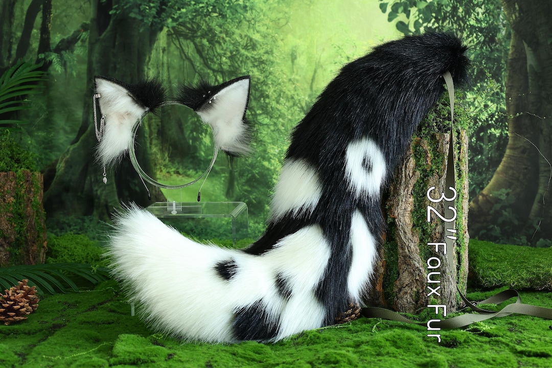 White Black Faux Fur Fox Ear and Tail Curved Wolf Tail and Ear Cat Tail ...