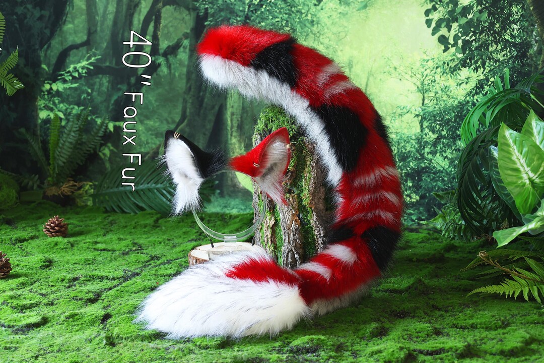 Faux Fur Red Dragon Tail and Ear Anime Cosplay Fluffy Tipped Dragon ...