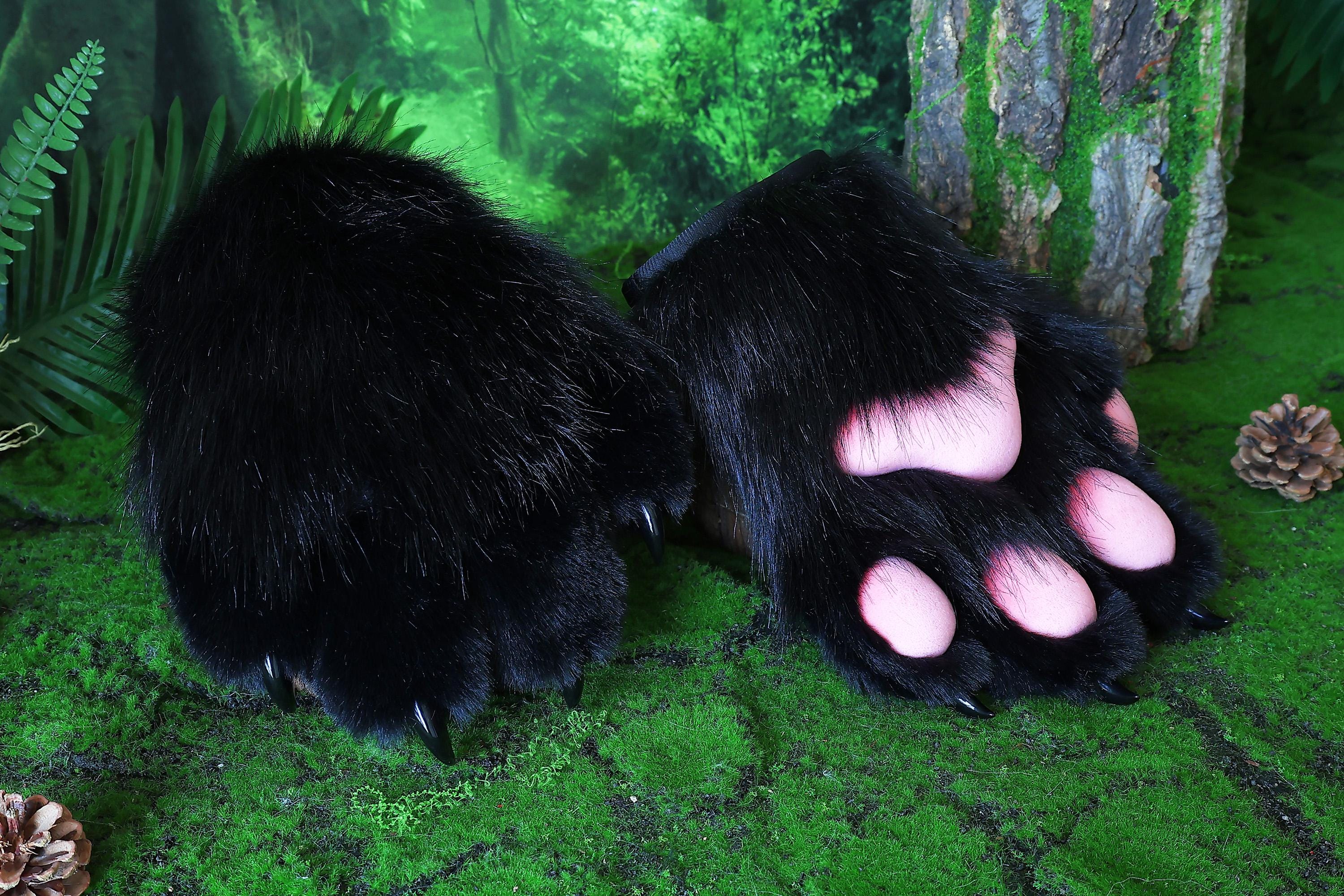 Black Fursuit Paws Cat Paws Gloves Realistic Faux Fur Kitten Fursuit ...