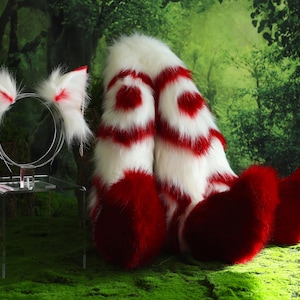 Faux Fur 3 Tailed Kitsune Tail and Ear Set Red White 3 Fox Tails and ...