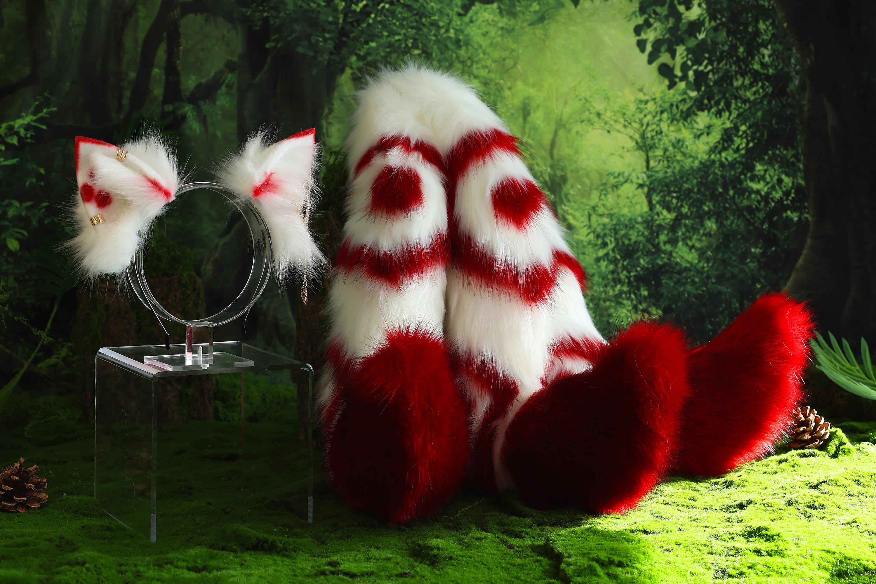 Faux Fur 3 Tailed Kitsune Tail and Ear Set Red White 3 Fox Tails and ...