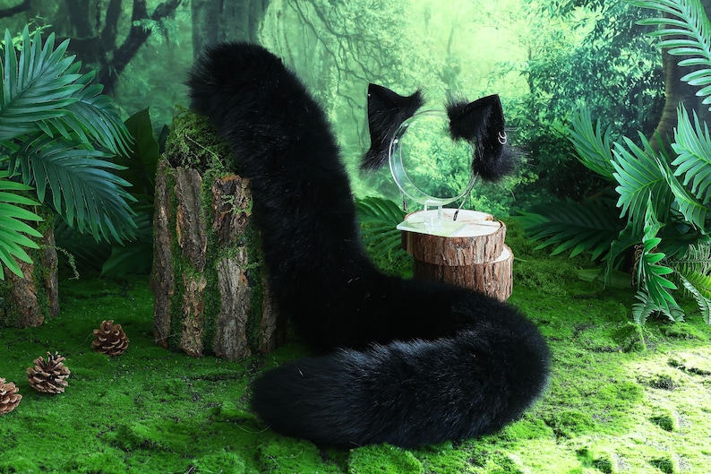 Black Real Fur Fox Tail and Ear Faux Fur Ear Flexible and Soft Wolf ...
