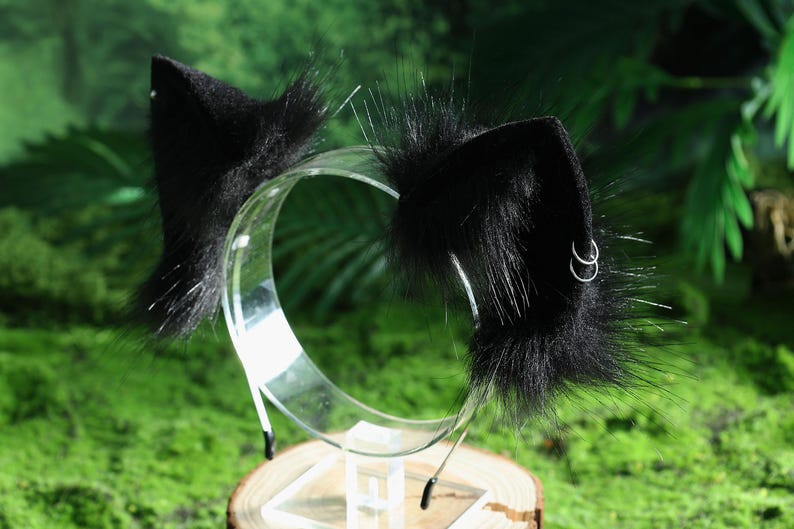 Black Faux Fur Fox Ear and Tail Curved Wolf Tail and Ear Cat Tail and ...