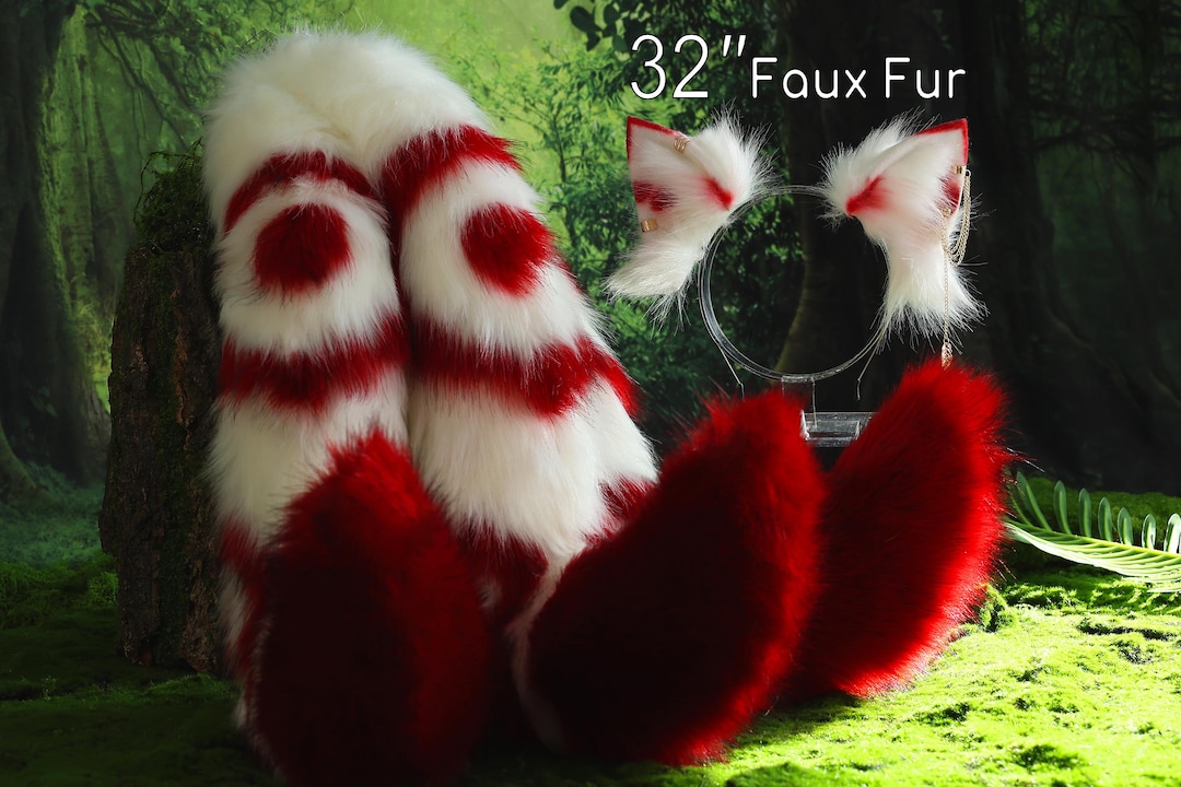 Faux Fur 3 Tailed Kitsune Tail and Ear Set Red White 3 Fox Tails and ...