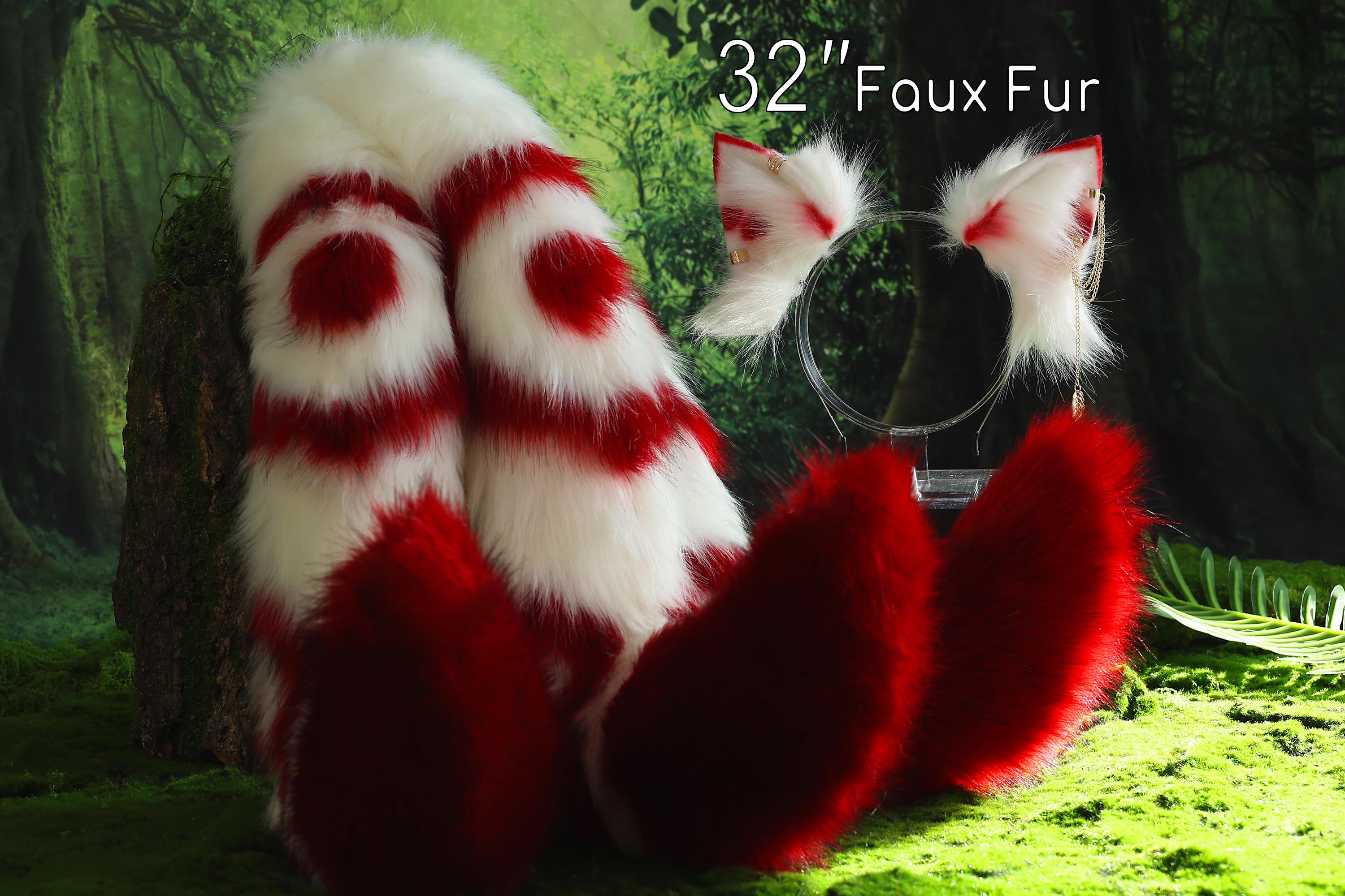 Faux Fur 3 Tailed Kitsune Tail and Ear Set Red White 3 Fox Tails and ...