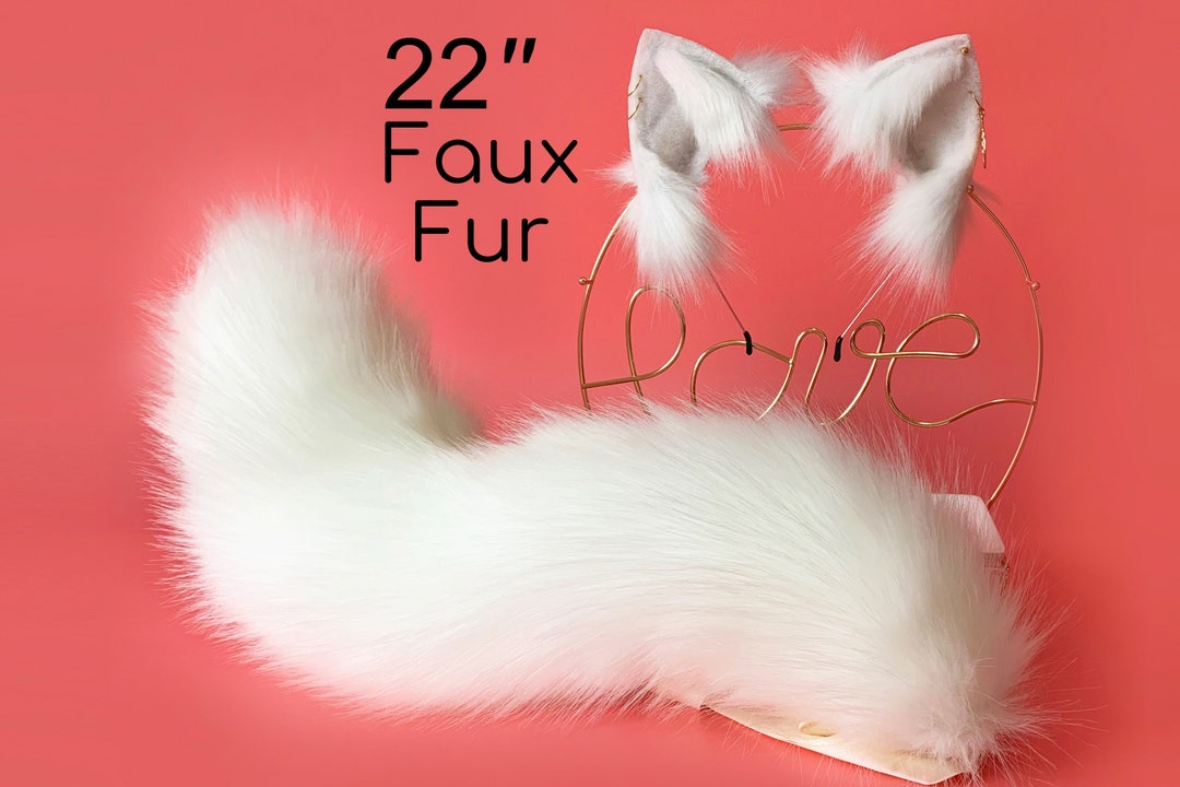 22 In White Faux Fur Fox Ear And Tail Curved Wolf Tail And Ear Cat Tail And Ear Kitten Ear And