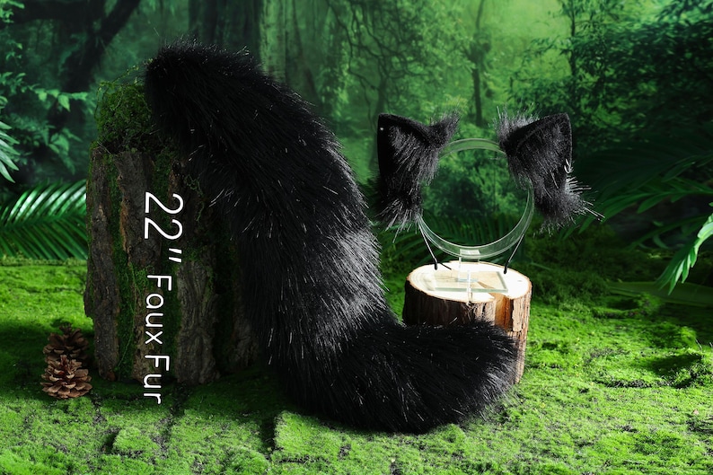 Black Faux Fur Fox Ear and Tail Curved Wolf Tail and Ear Cat Tail and ...