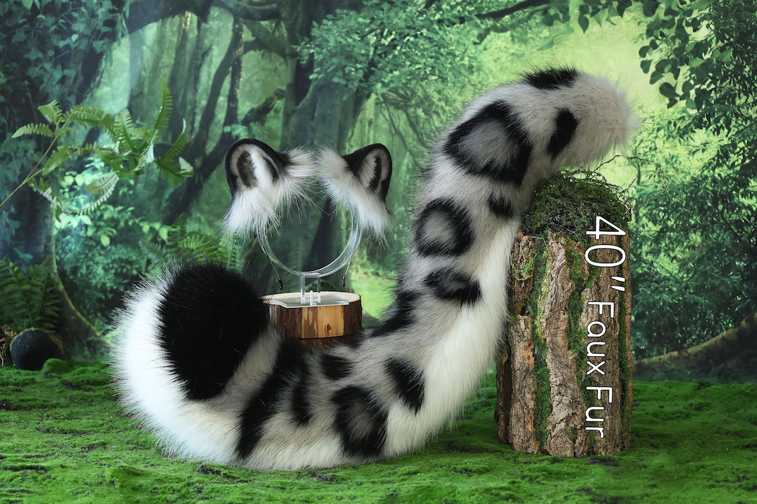 Realistic Gray Black Faux Fur Snow Leopard Ear and Tail Set Role Play ...